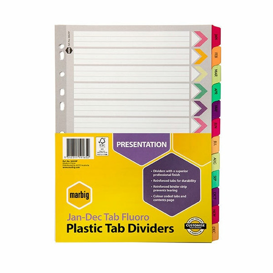 Dividers - Marbig Plastic Divider Reinforced A4 Jan-Dec Tab Fluoro ...