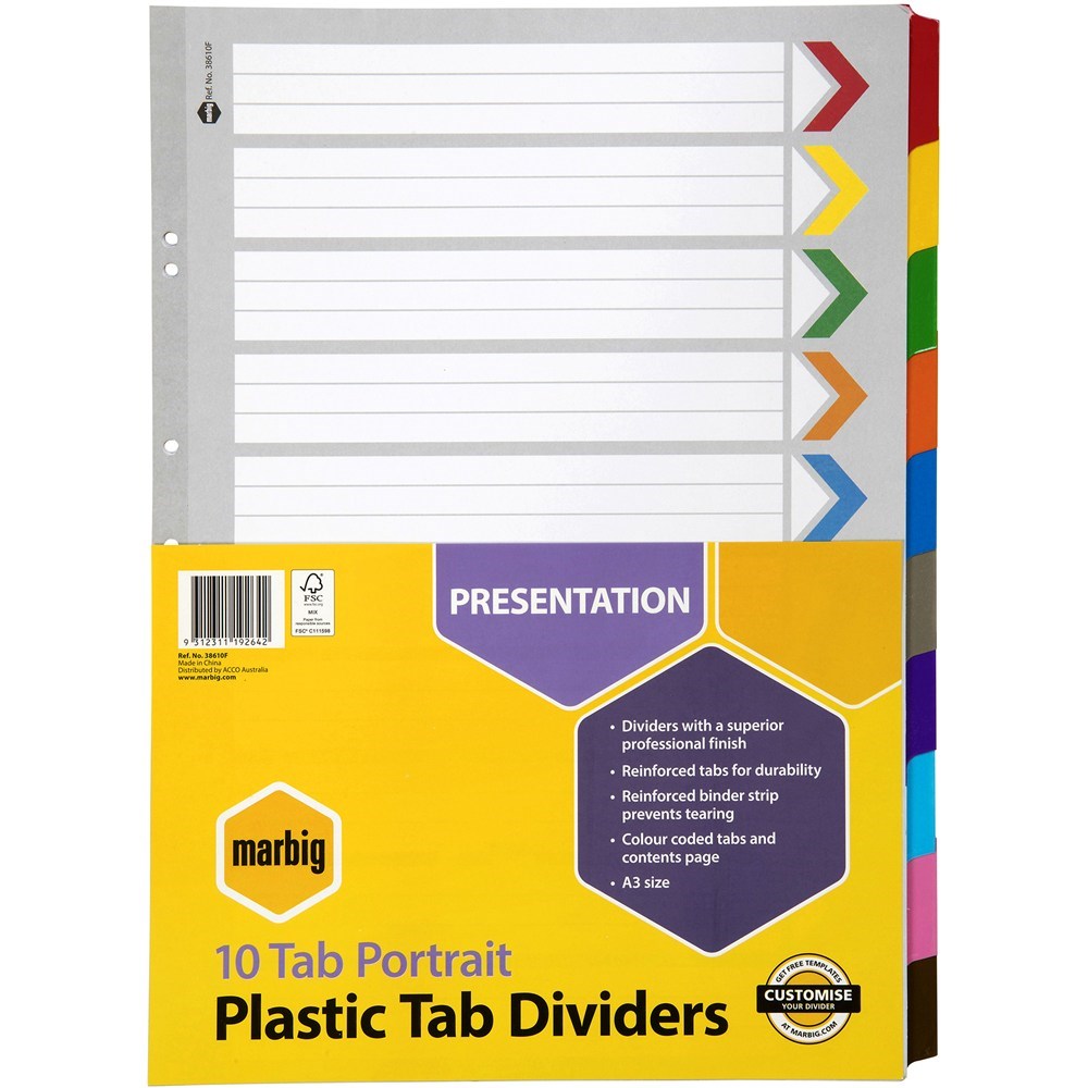 Dividers - Marbig Plastic Indices & Dividers A3 Reinforced 10 Tab ...