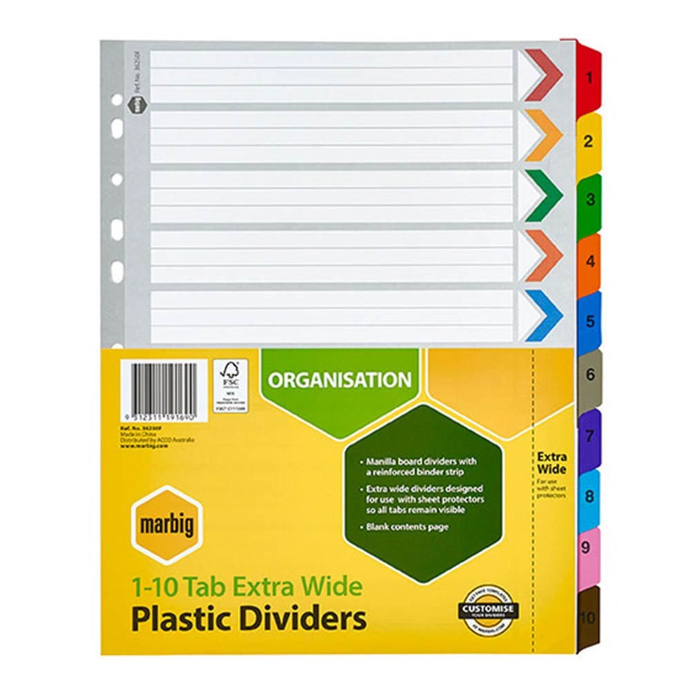 Dividers - Marbig Manilla Divider Extra Wide A4 1-10 Tab Multi Colour ...